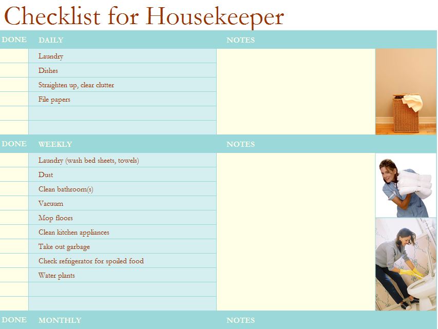 Checklist For Housekeeper Checklist For Housekeeping