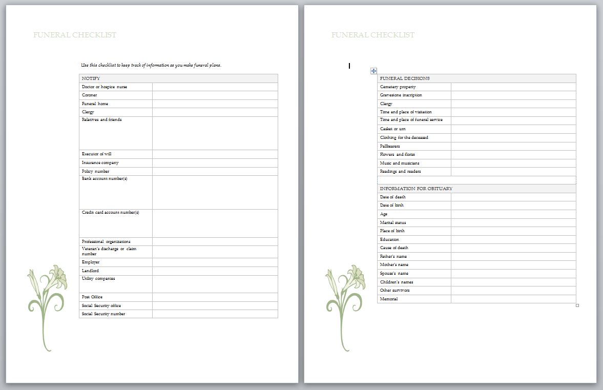 Funeral Planning Checklist Planning A Funeral Checklist